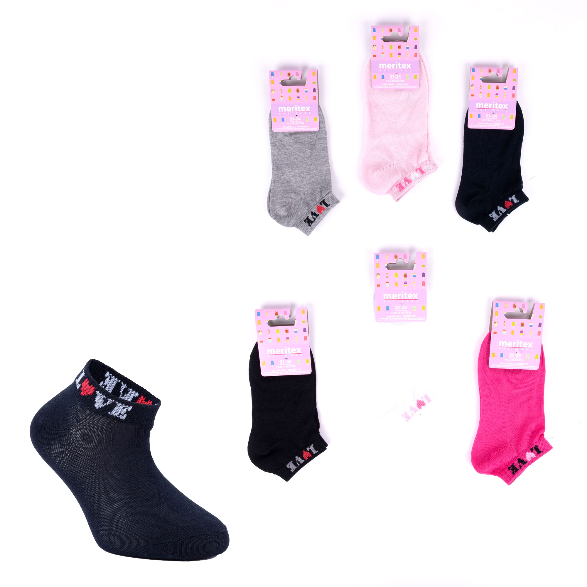 6 Paia Di Fantasmini Meritex 7569 Con Scritta Love Sul Bordino Filo Di Scozia