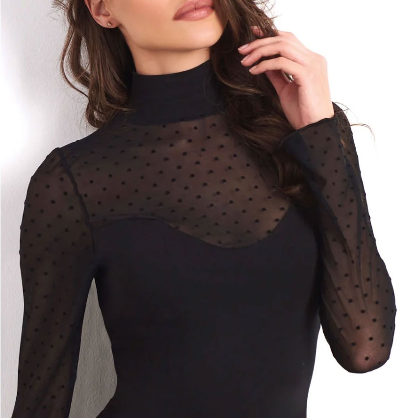 Maglia donna moda Rossoporpora DB928 dolcevita tulle a pois