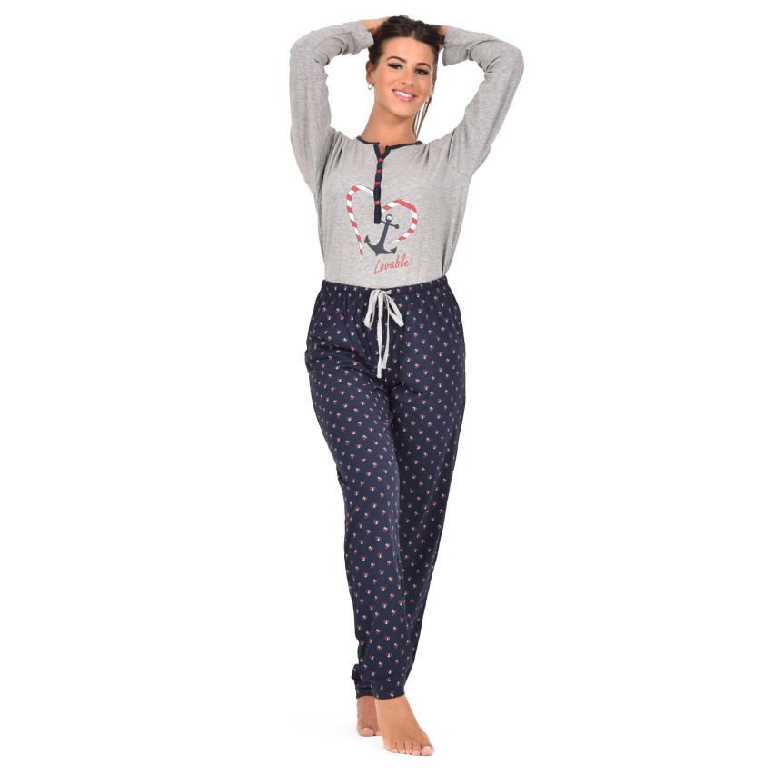 Pigiama donna Lovable L0CPT cotone ancora cuori grigio melange blu ...