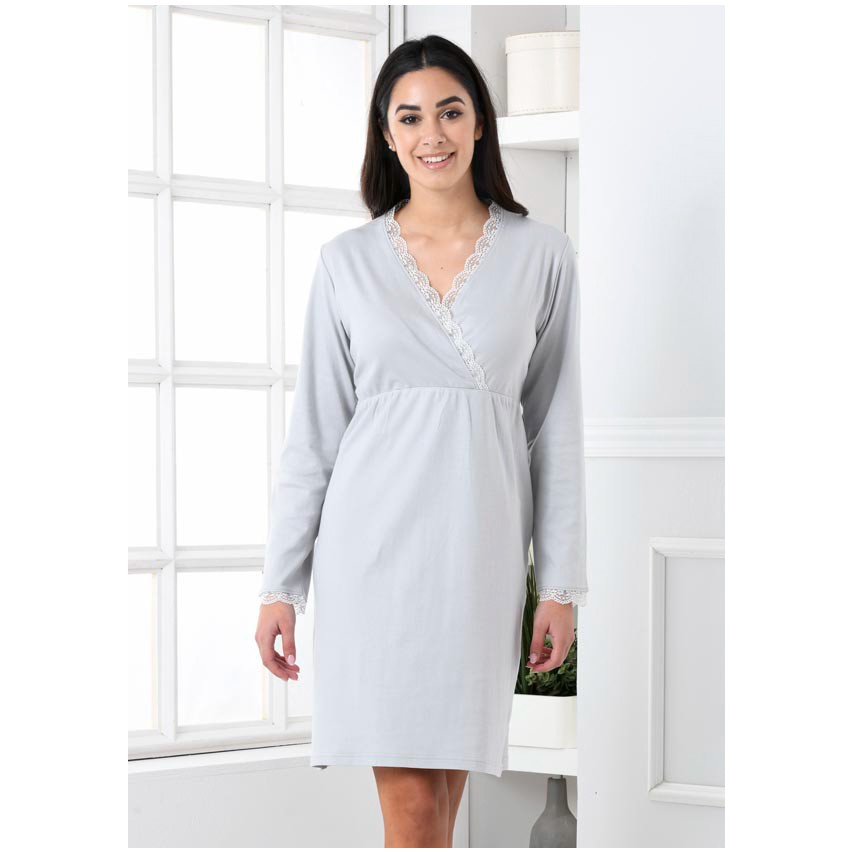 Abito camicia da notte caldo cotone perla inserti pizzo Biancaluna ...