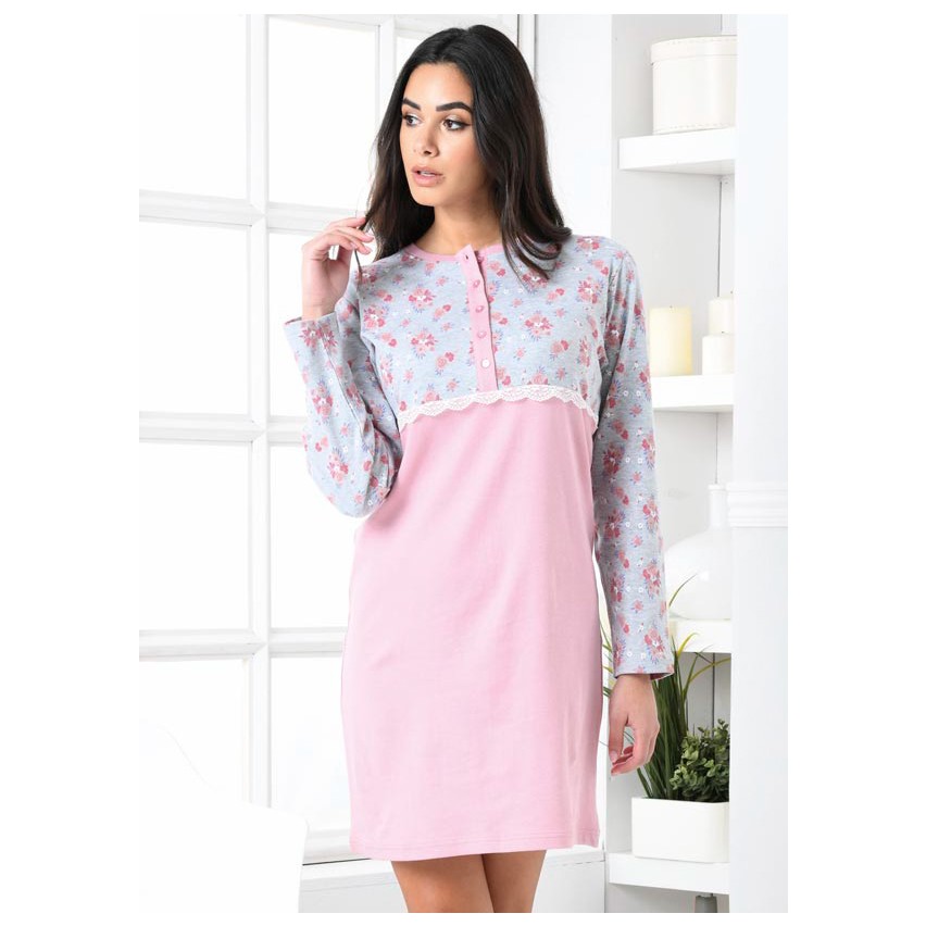 Camicia da notte caldo cotone fiori Biancaluna D2004 rosa | Intimorosa